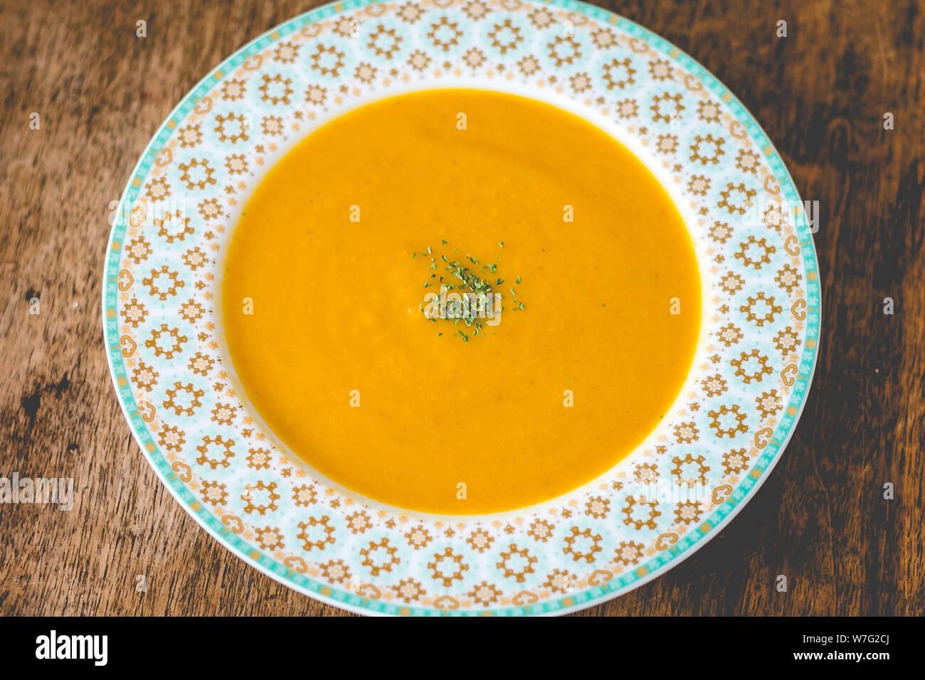 Home-made, rich blended soup, from onion, carrot, potato, celery, salt ...