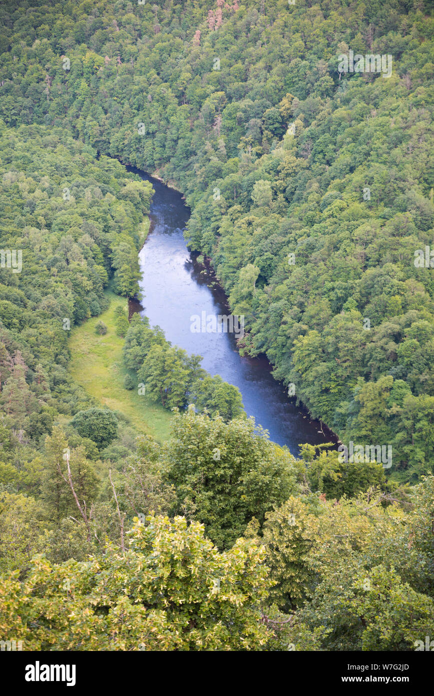 Thaya valley panoramic aerial view of river framed by dense mixed ...