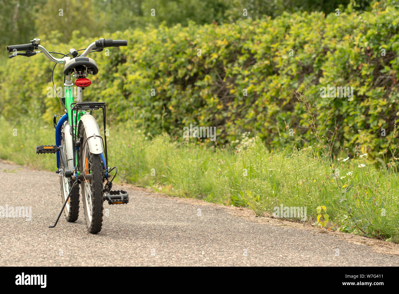 Child's bike rear view standing on the asphalt road Stock Photo - Alamy