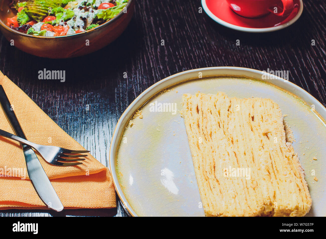 Napoleon cake and coffee for a romantic breakfast on a tray Stock Photo ...