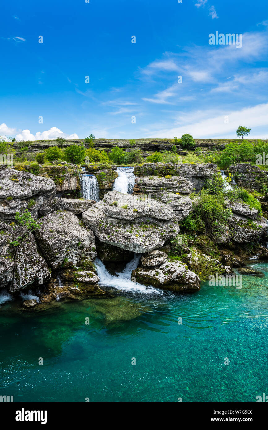 Montenegro, Many small waterfalls of turquiose cijevna river water at ...