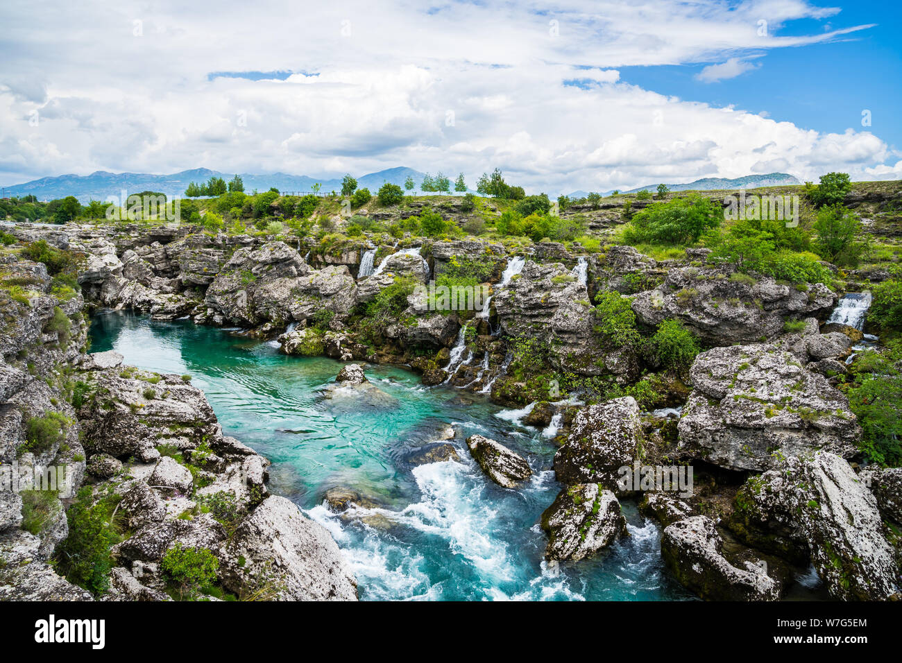 Montenegro, Blue cijevna river water and many waterfalls at niagara ...
