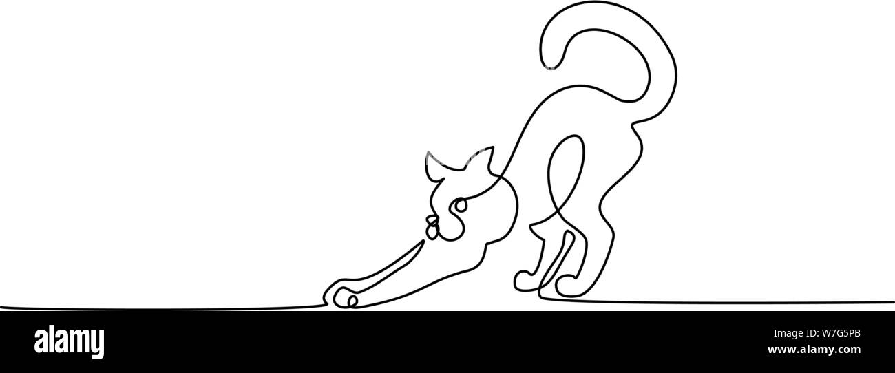Continuous one line drawing. Cat standing with curled tail. Vector ...