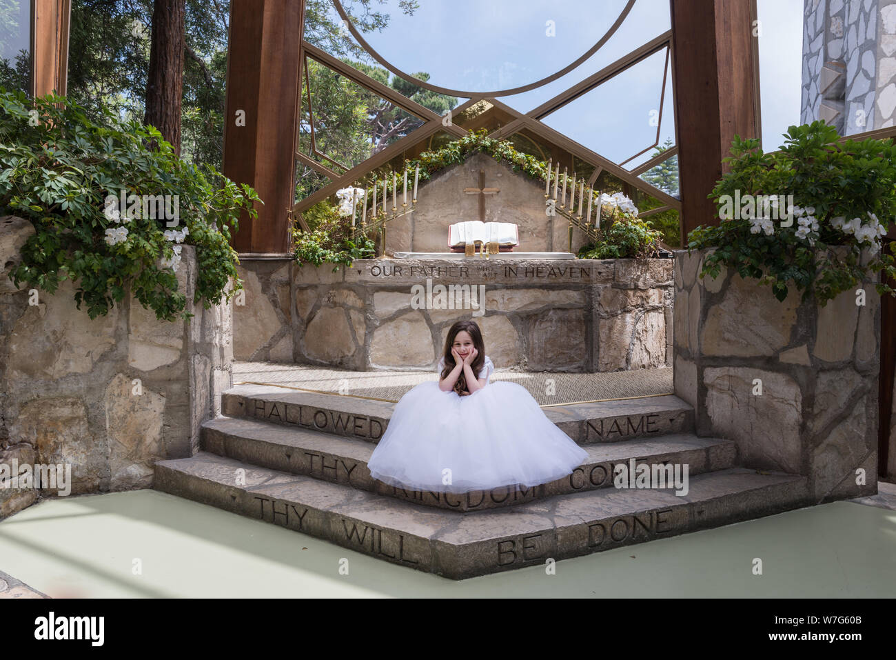 Angelina Rose Castillo sits on the alter at Wayfarers Chapel, also ...