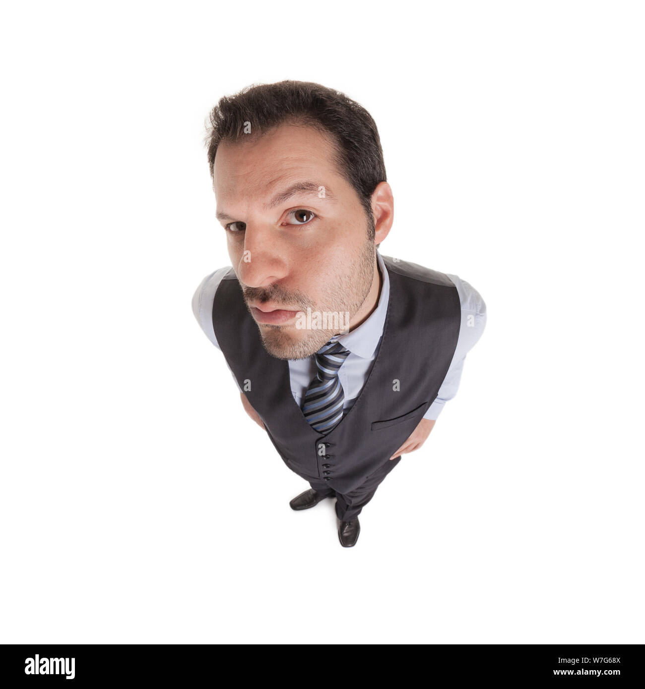 Businessman in a crazy fisheye perspective isolated on white background ...