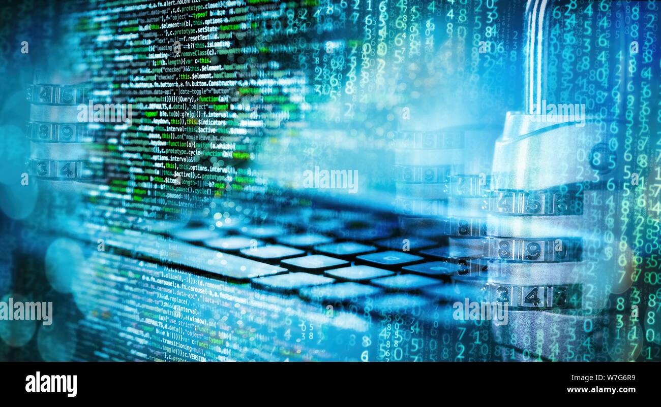 Programming code with combination lock, matrix, computer and abstract ...