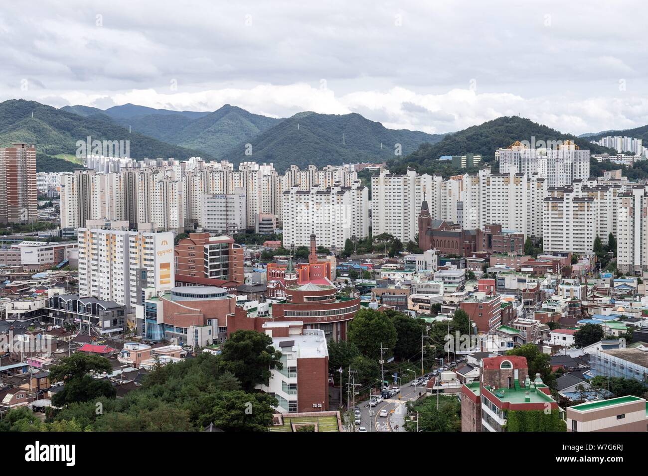 28 July 2019, South Korea, Gwangju: View of the city from the observation tower in Sajik Park ...
