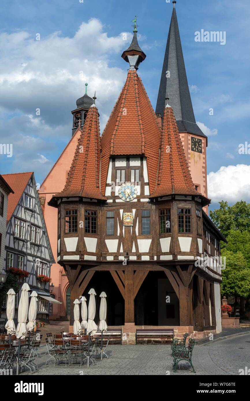 Germany: Old town hall from 1484 at the market square of Michelstadt ...