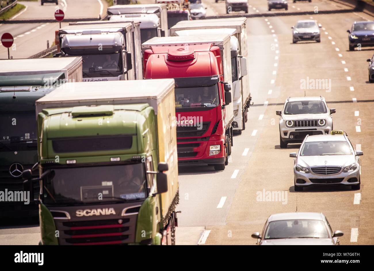 Many trucks on the two right lanes of the A5 motorway at the ...
