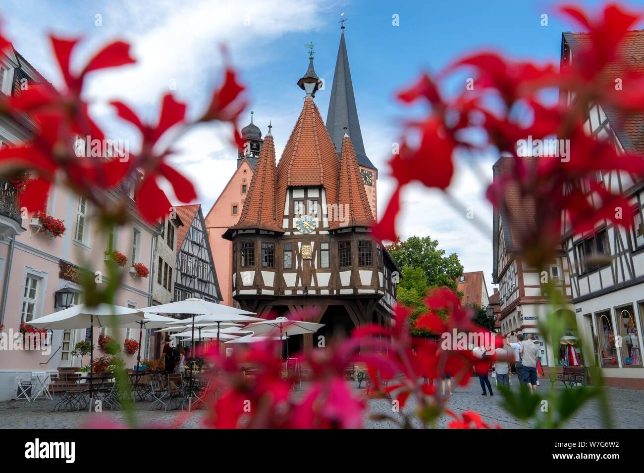 Germany: Old town hall from 1484 at the market square of Michelstadt ...