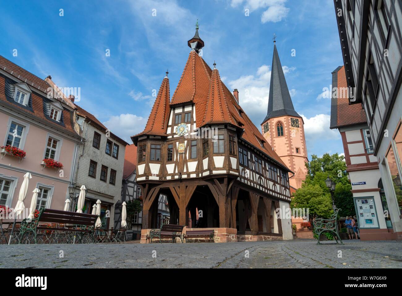 Germany: Old town hall from 1484 at the market square of Michelstadt ...