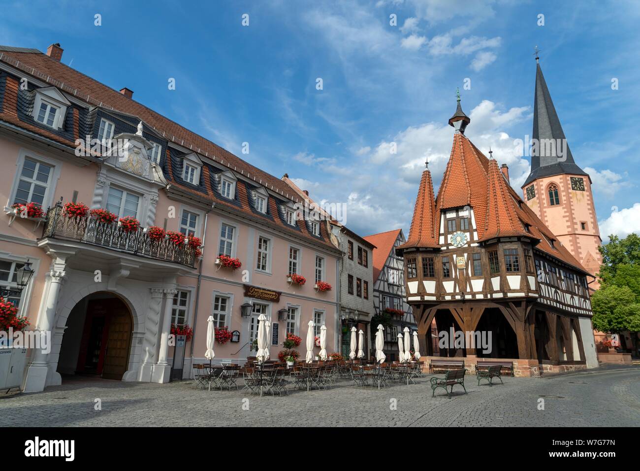 Germany: Old town hall from 1484 at the market square of Michelstadt ...