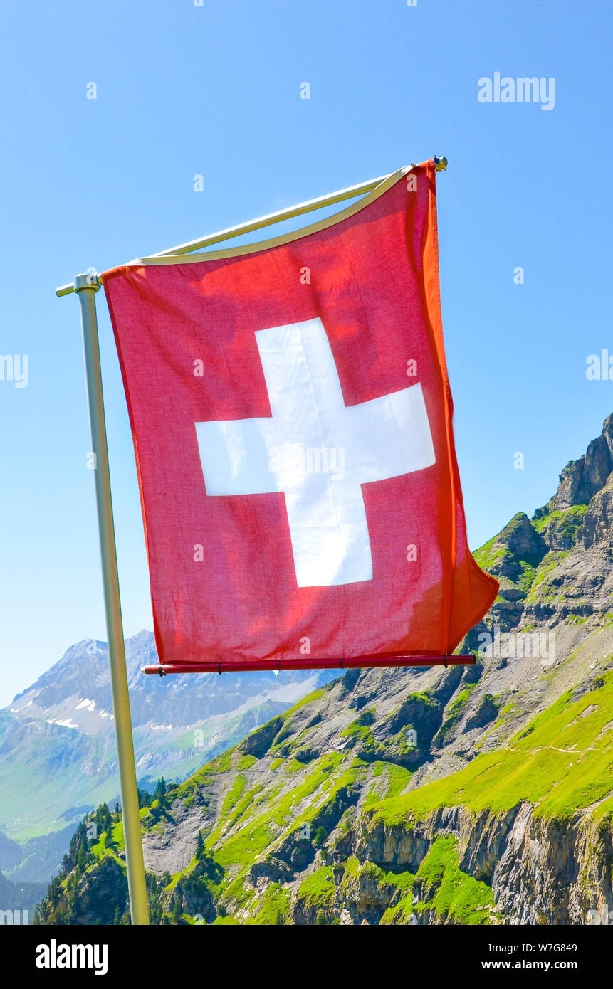 Vertical picture of Swiss waving flag with summer mountain landscape in ...