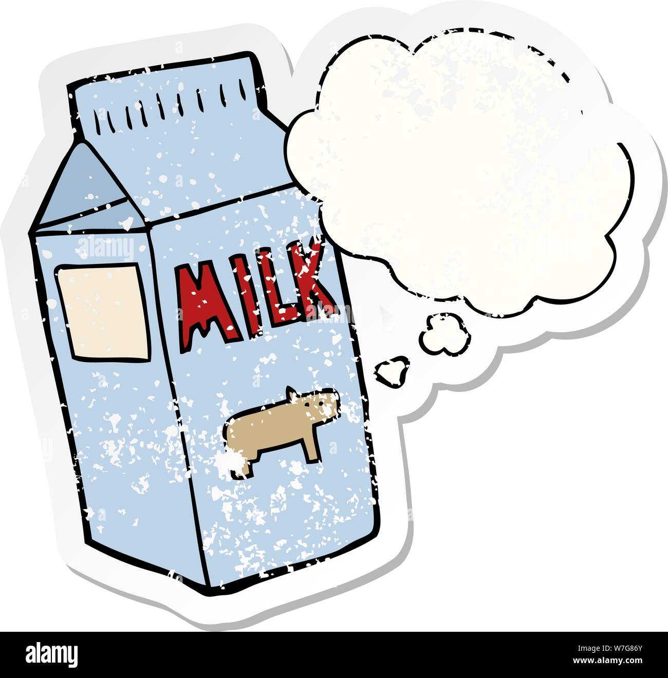 cartoon milk carton with thought bubble as a distressed worn sticker ...