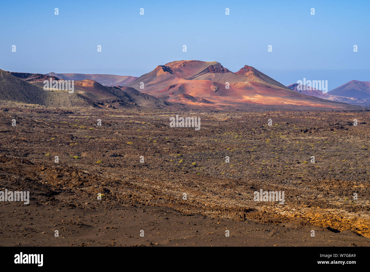 Spain, Lanzarote, Beautiful red volcanic mount in timanfaya volcano ...