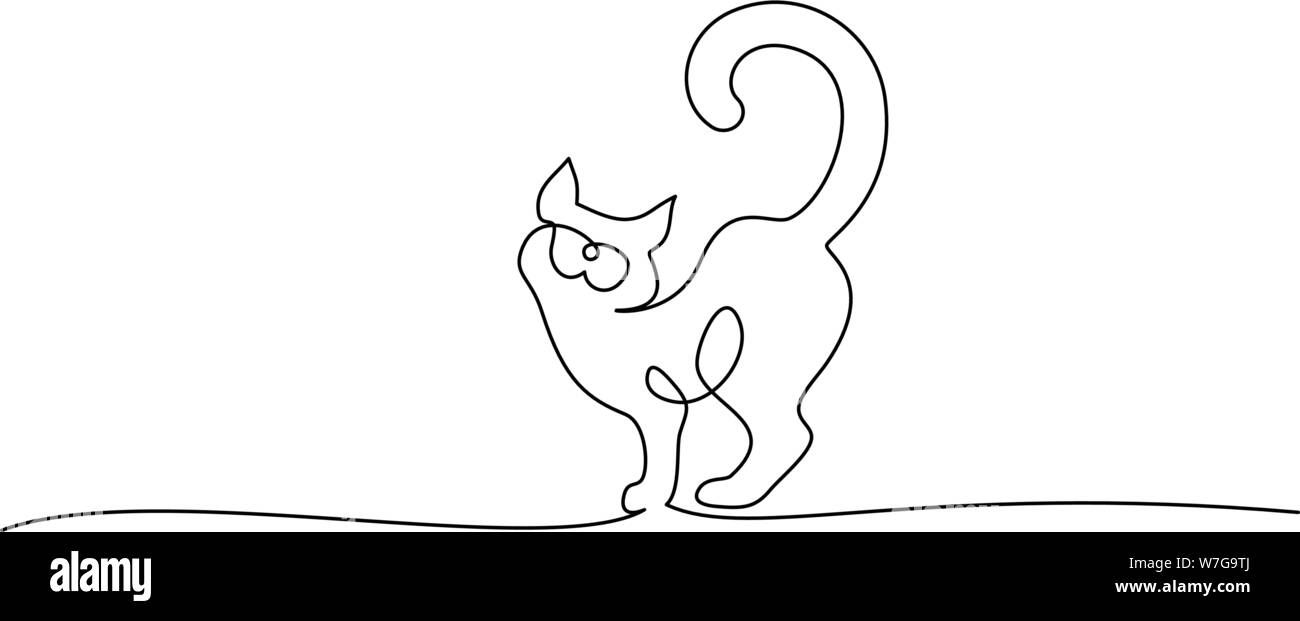 Continuous one line drawing. Cat standing with curled tail. Vector ...