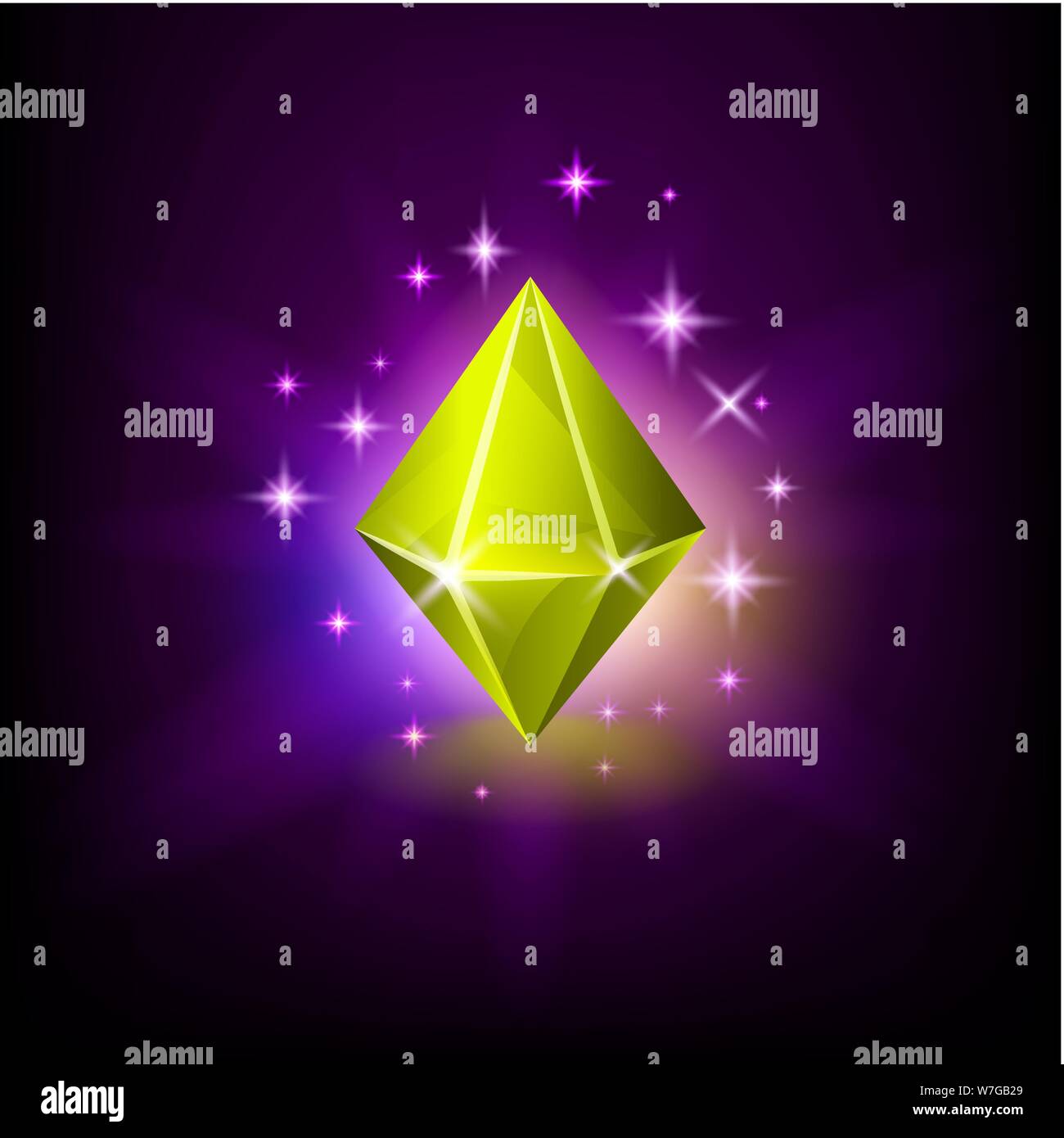 Romboid yellow shining gemstone with magical glow and stars on dark ...