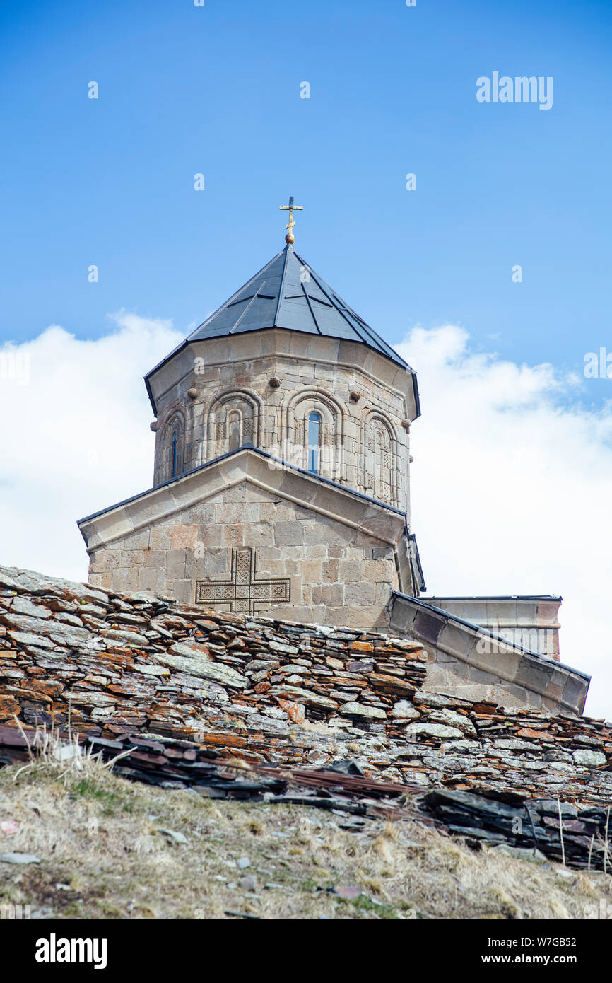 View at Gergeti Trinity Church in Georgia Stock Photo - Alamy