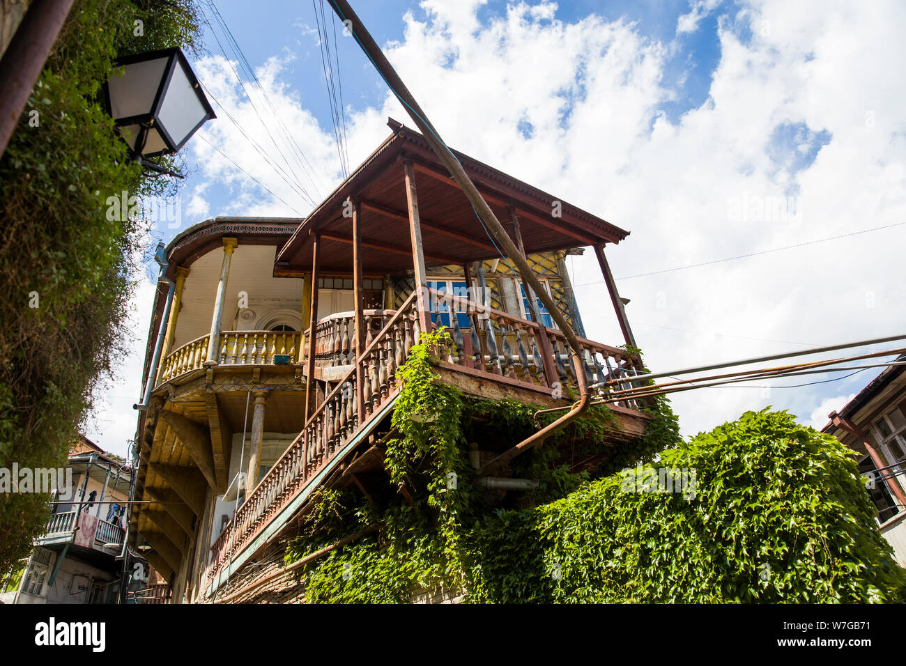 View at wooden carved balconies in the Old Town of Tbilisi, Georgia ...