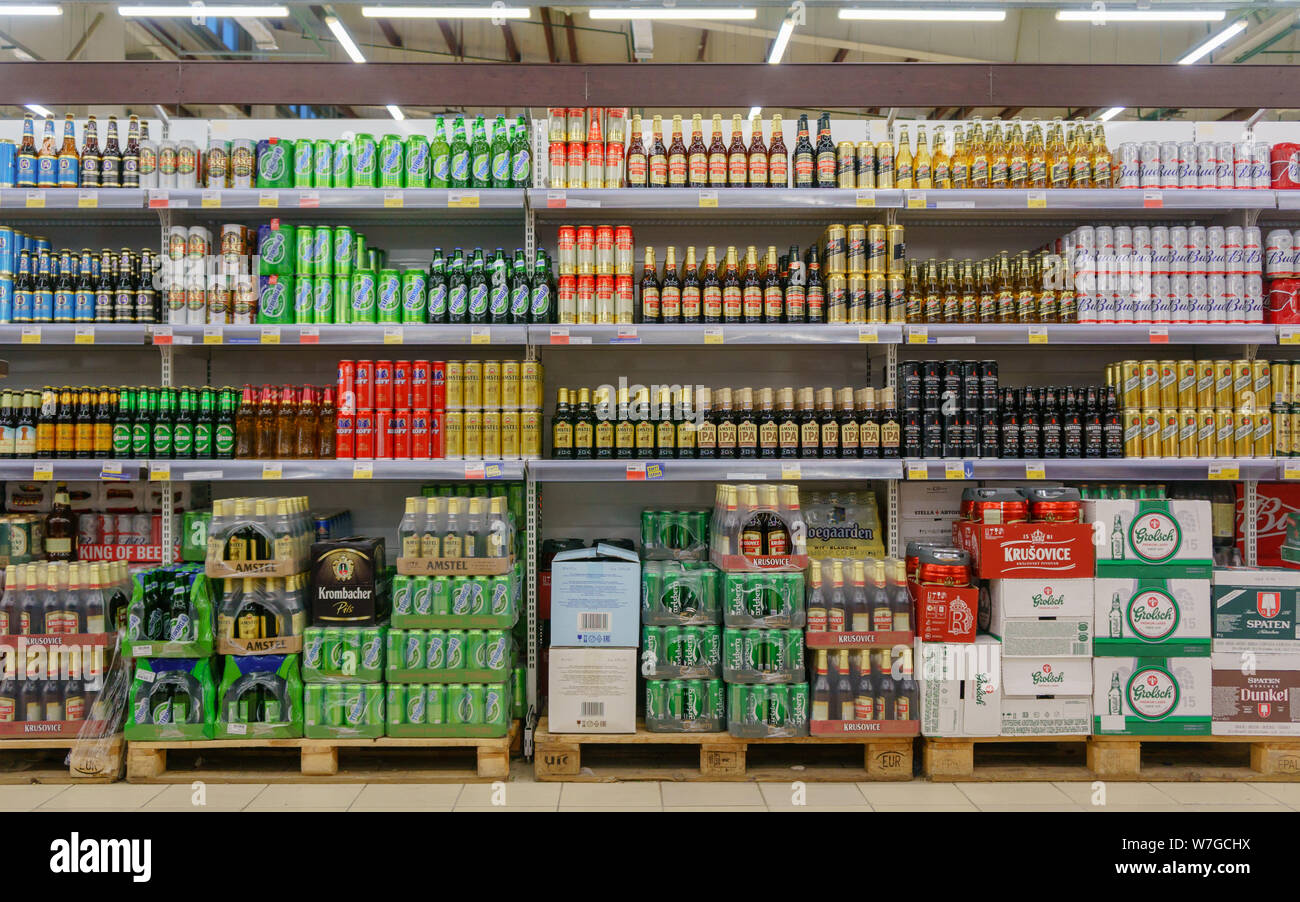 Moscow, Russia, February 11 2019: Beer bottles on shelf in supermarket ...