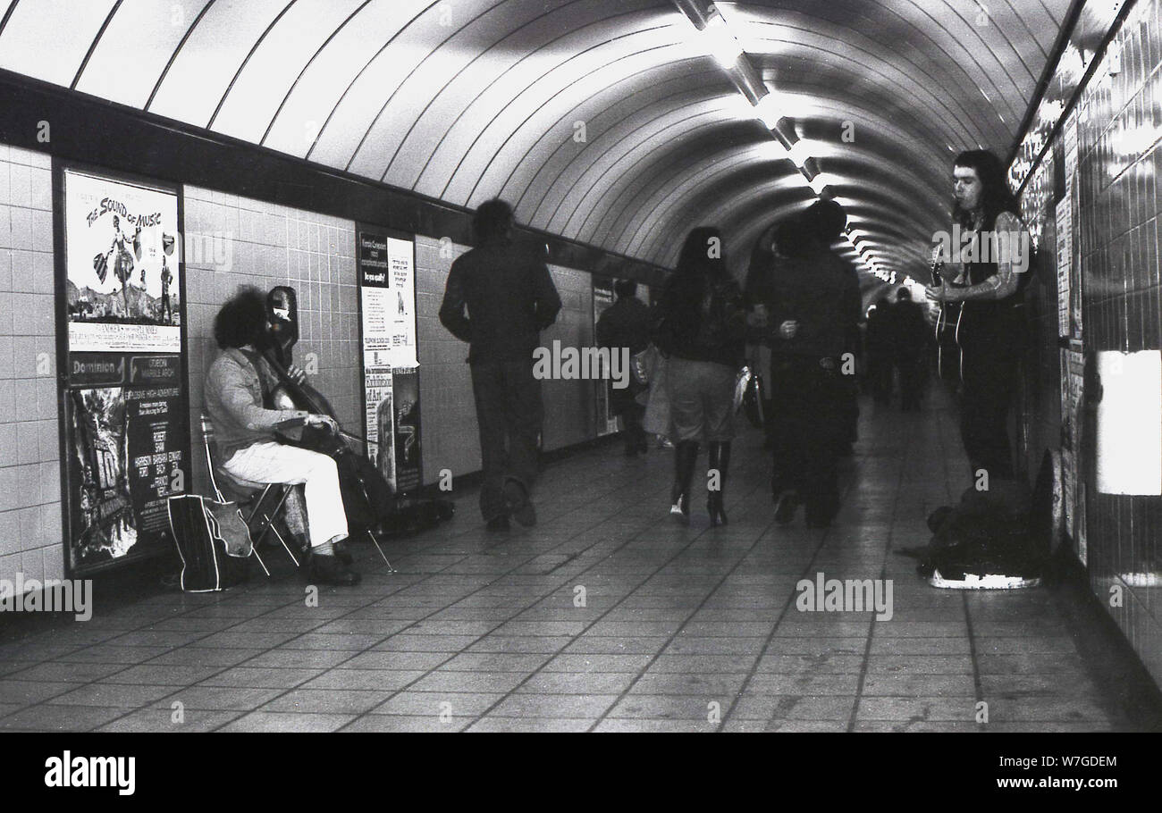 1970s, historical, musical buskers on the London Underground, London ...