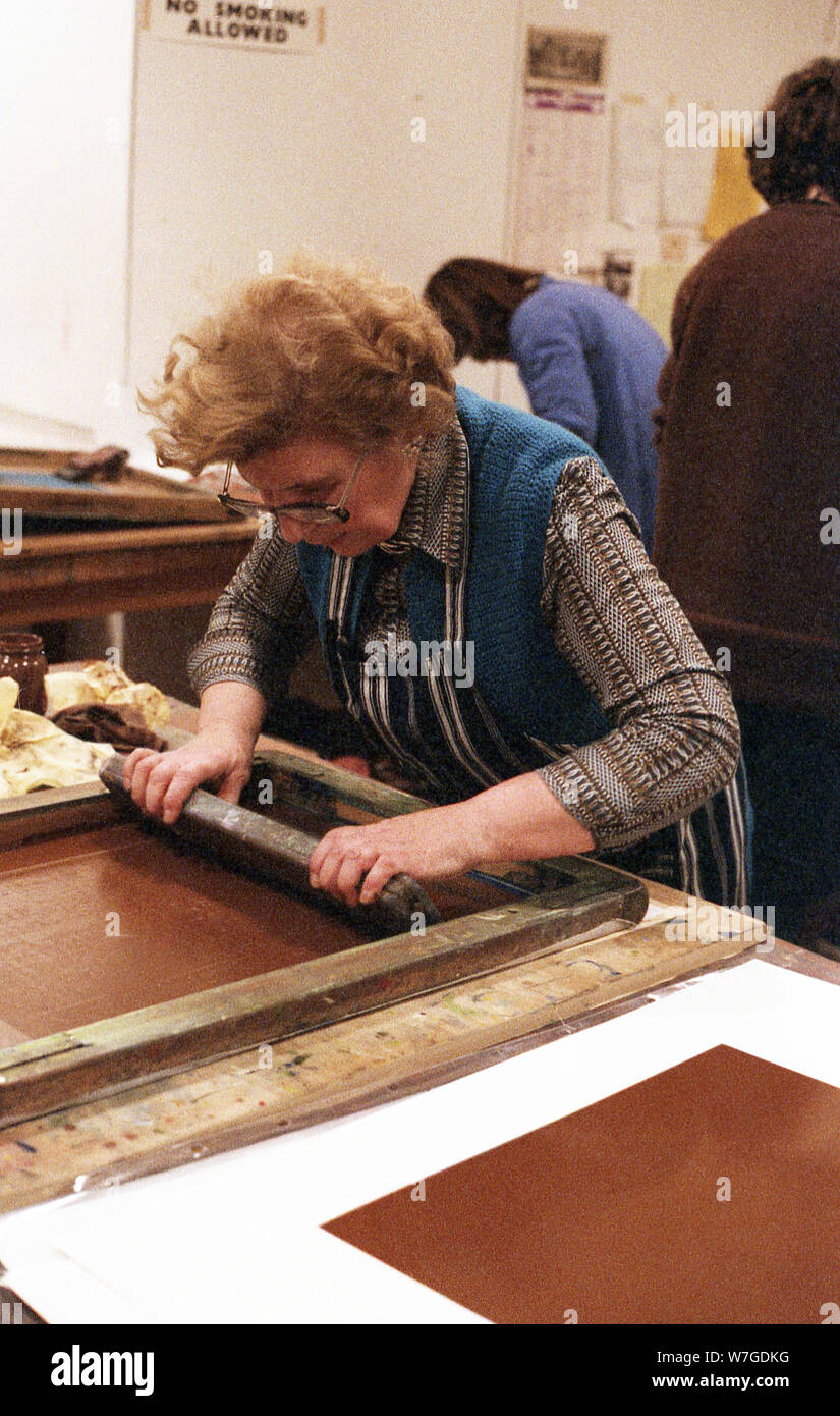 1970s, a lady in a workshop doing screen printing, England, UK Stock ...