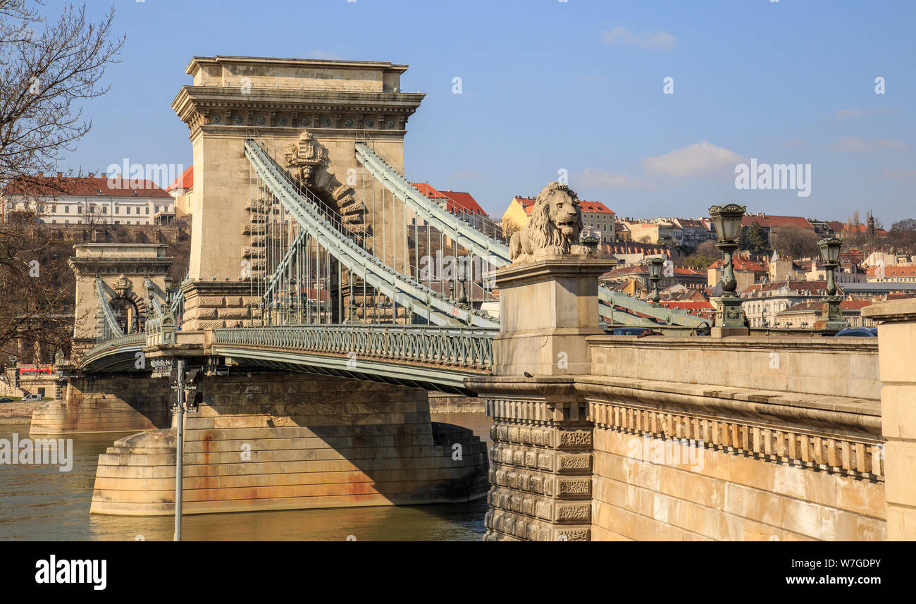 Budapest, Hungary, March 22 2018: Szechenyi Chain Bridge-one of the ...