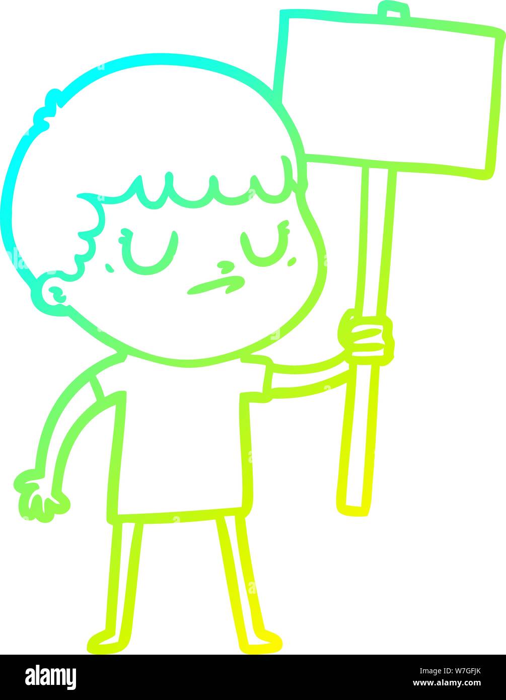 cold gradient line drawing of a cartoon grumpy boy with placard Stock ...