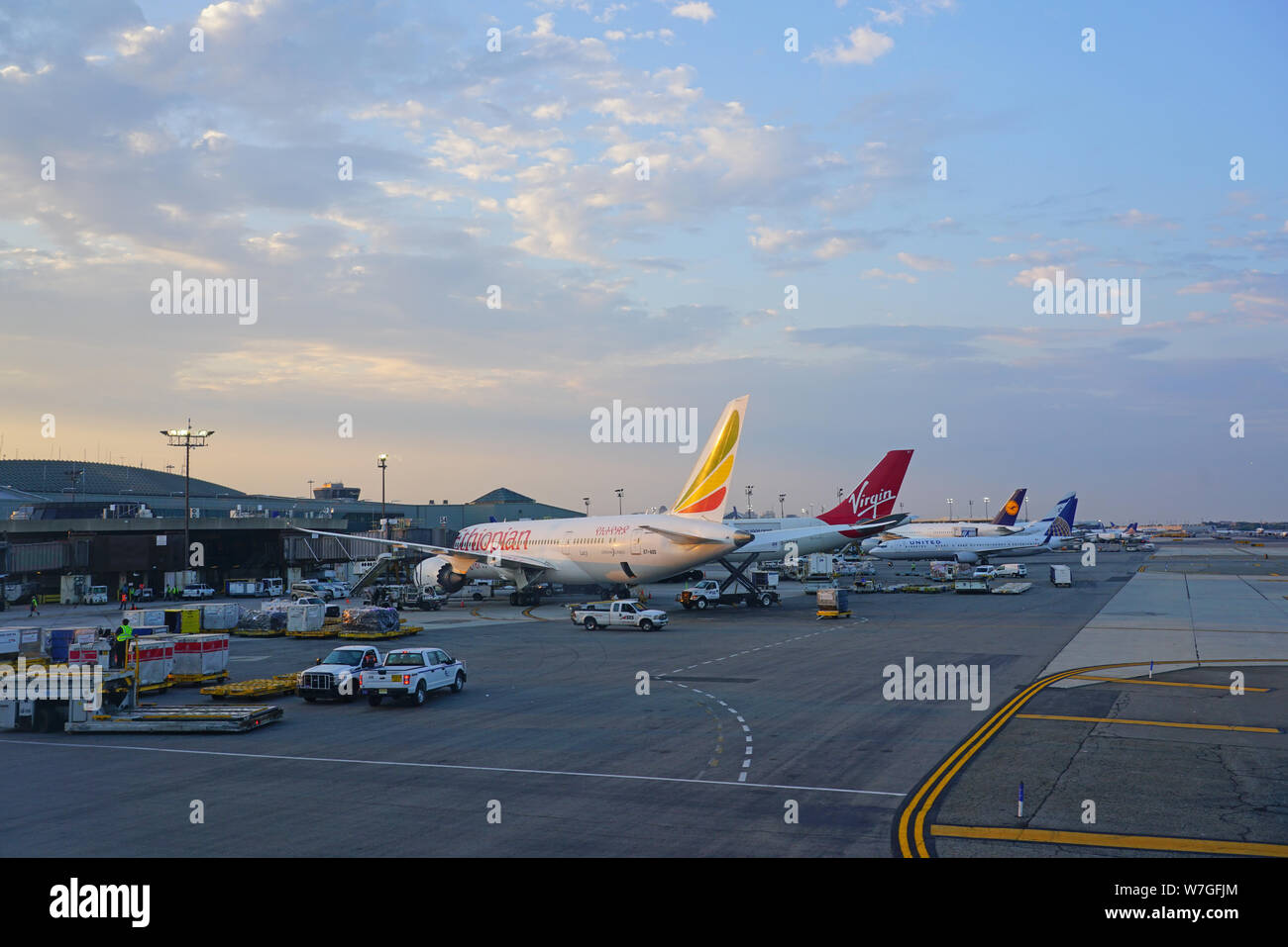 NEWARK, NJ -28 JUL 2019- View of the Boeing 787 Dreamliner airplane ...