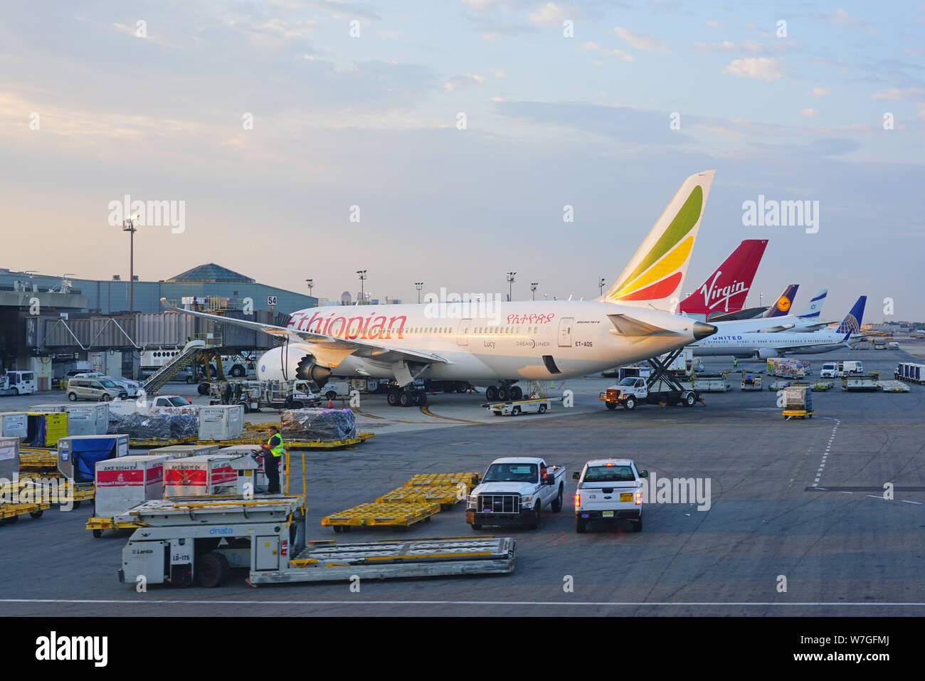 NEWARK, NJ -28 JUL 2019- View of the Boeing 787 Dreamliner airplane ...