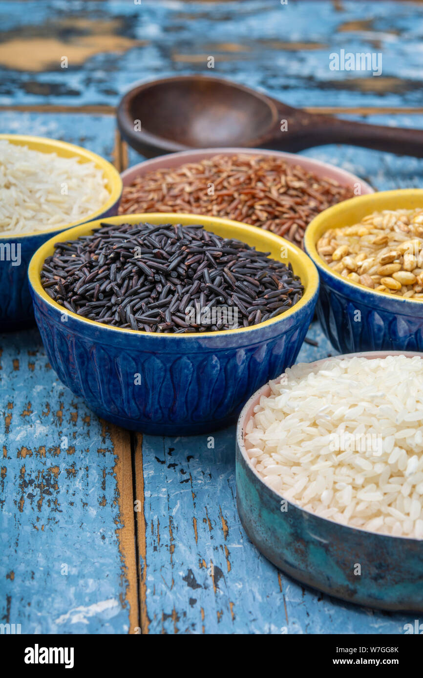 Different types of rice, white basmati, jasmine, arborio, brown and ...