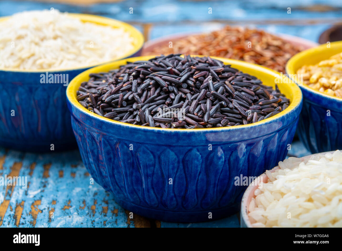 Different types of rice, white basmati, jasmine, arborio, brown and ...