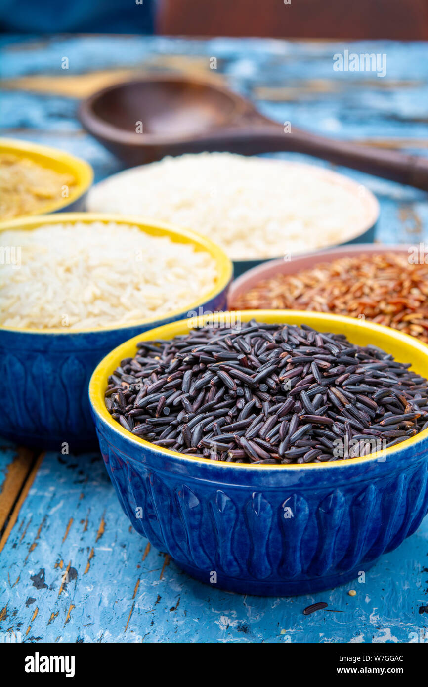 Different types of rice, white basmati, jasmine, arborio, brown and ...