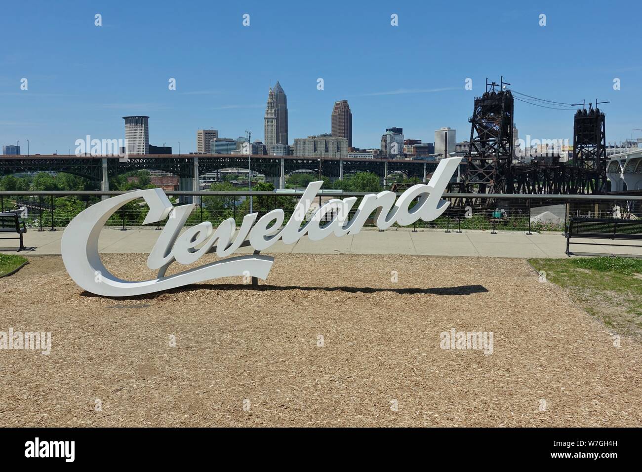 CLEVELAND, OH -23 JUN 2019- View of the Cleveland sign in front of the ...