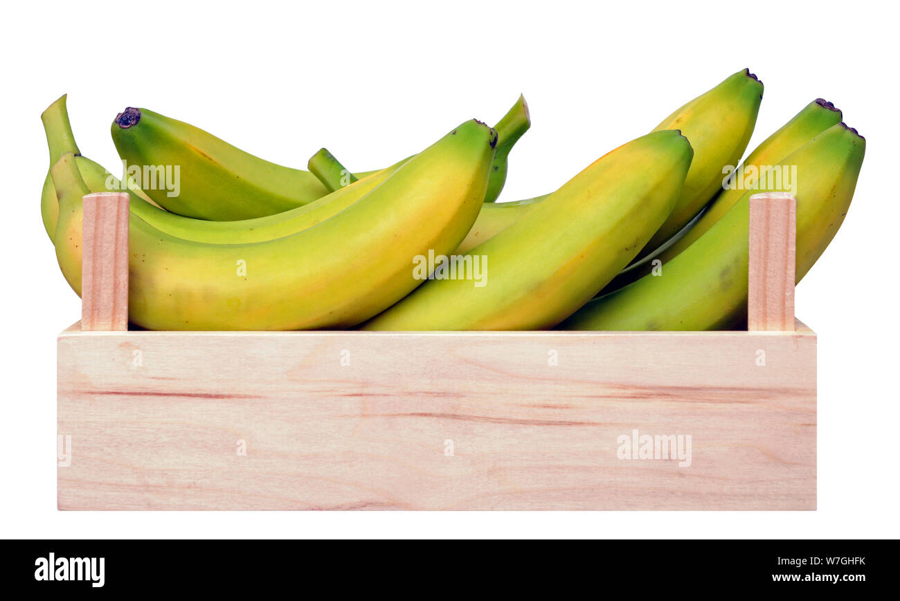 Young ripe banana in wooden case isolated on white Stock Photo - Alamy