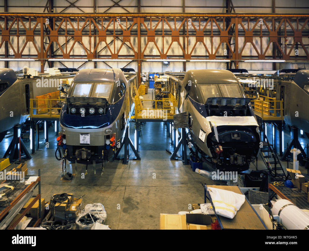 Assembly of the first Amtrak Acela Express high-speed trainsets. Barre ...