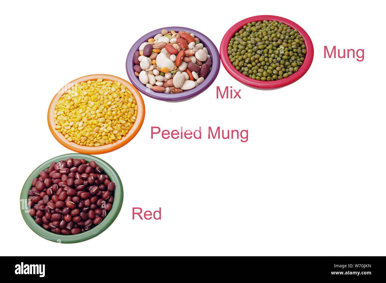 four types of split mung beans bowl isolated on white Stock Photo - Alamy