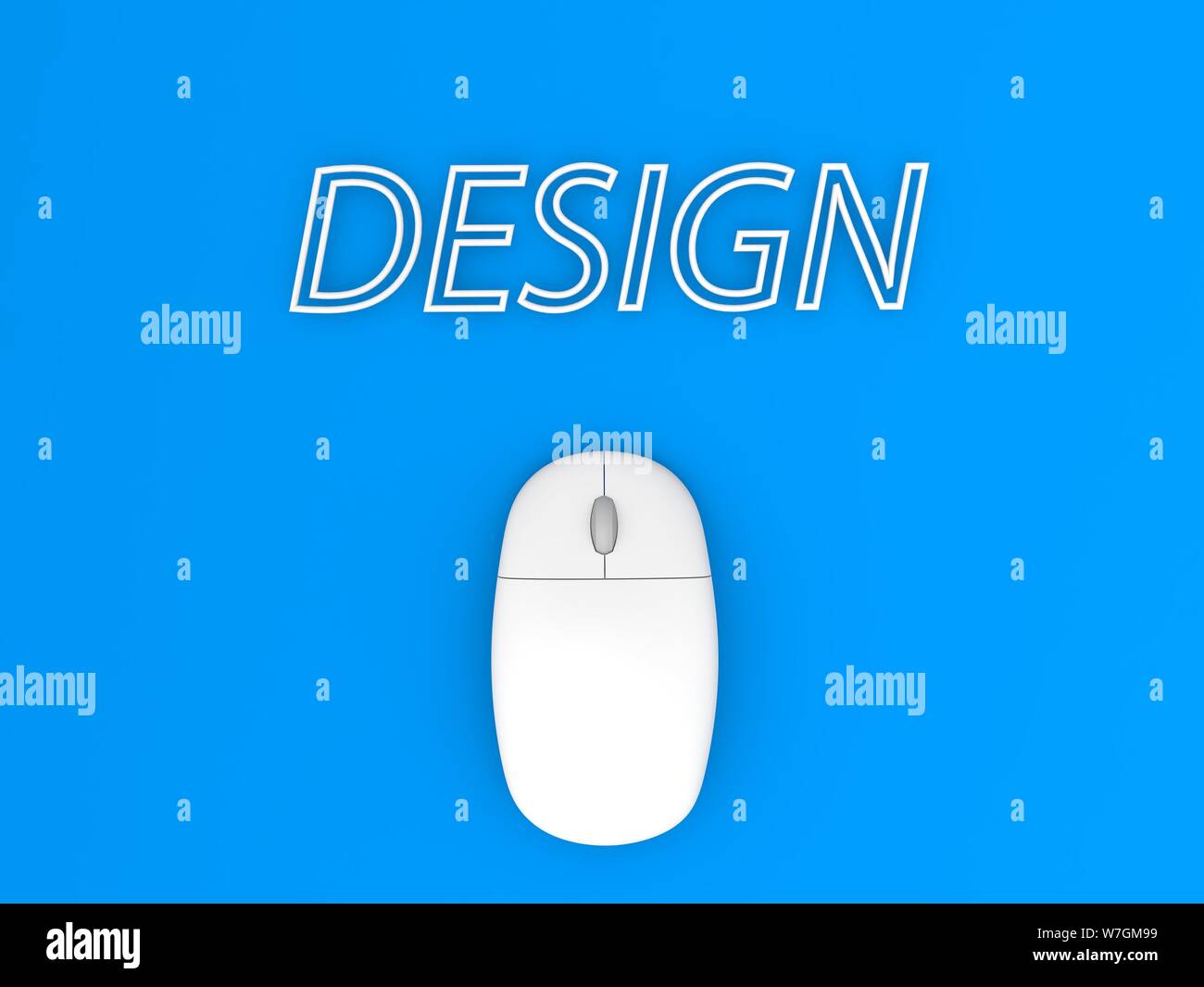 Computer mouse and the word DESIGN on a blue background background. 3d ...