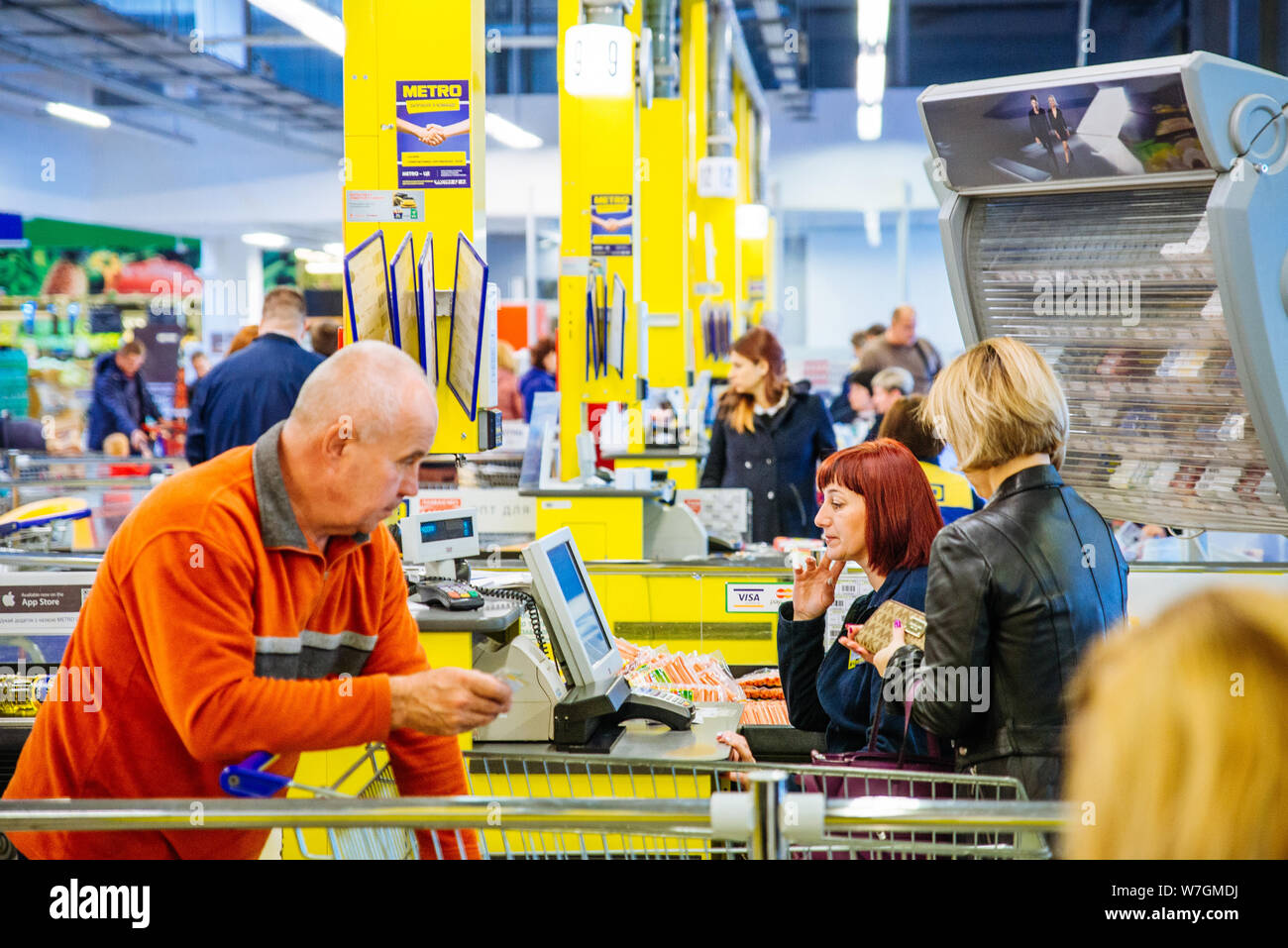 LVIV, UKRAINE - October 6, 2018: cashier in supermarket. grocery ...