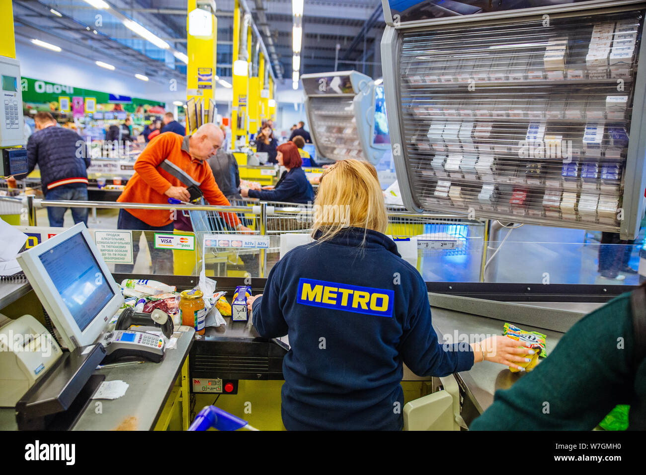 LVIV, UKRAINE - October 6, 2018: cashier in supermarket. grocery ...