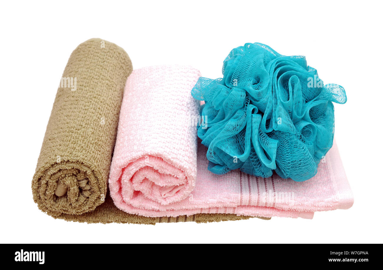 colorful towels and sponge isolate on white Stock Photo - Alamy