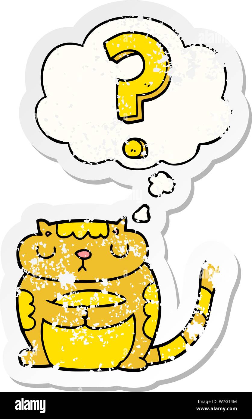 cartoon cat with question mark with thought bubble as a distressed worn ...