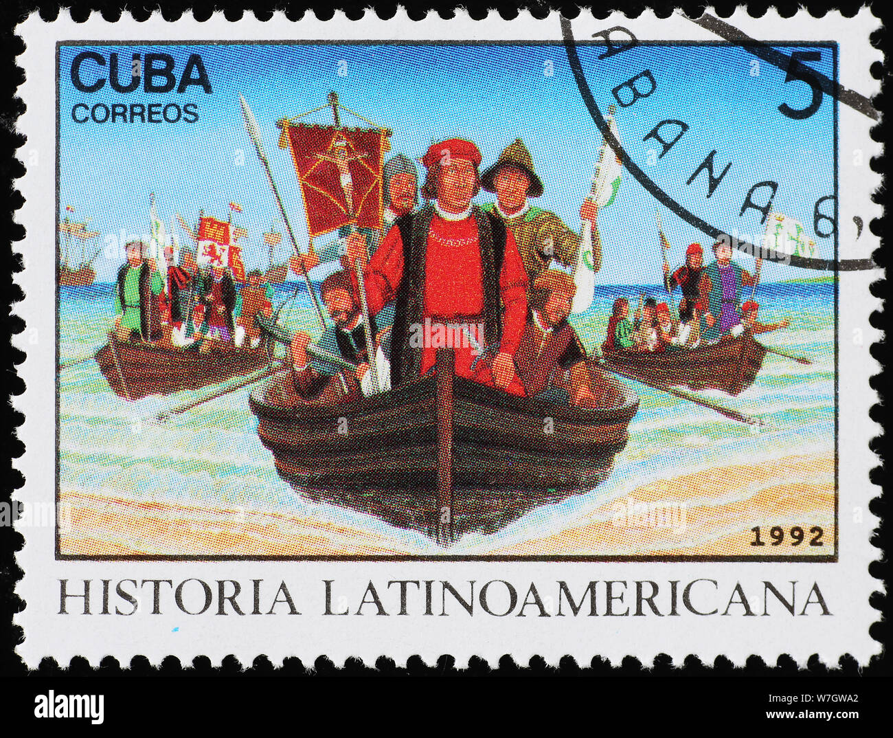 Historical landing of Christopher Columbus on postage stamp Stock Photo ...