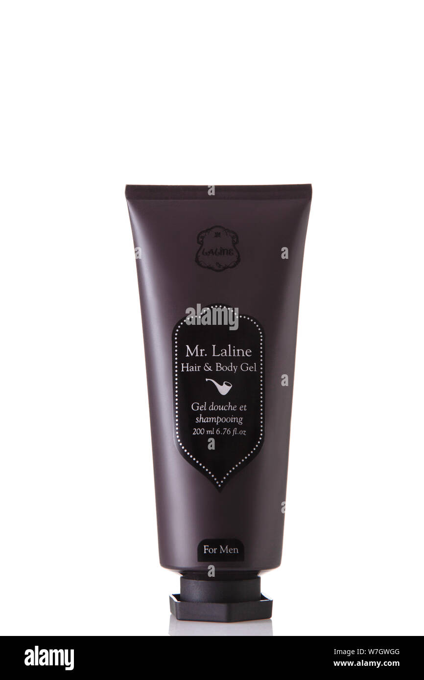 Tube Mr. Laline Hair & Body Gel for men 200ml. Gel douche et shampooing. Isolated on white ...