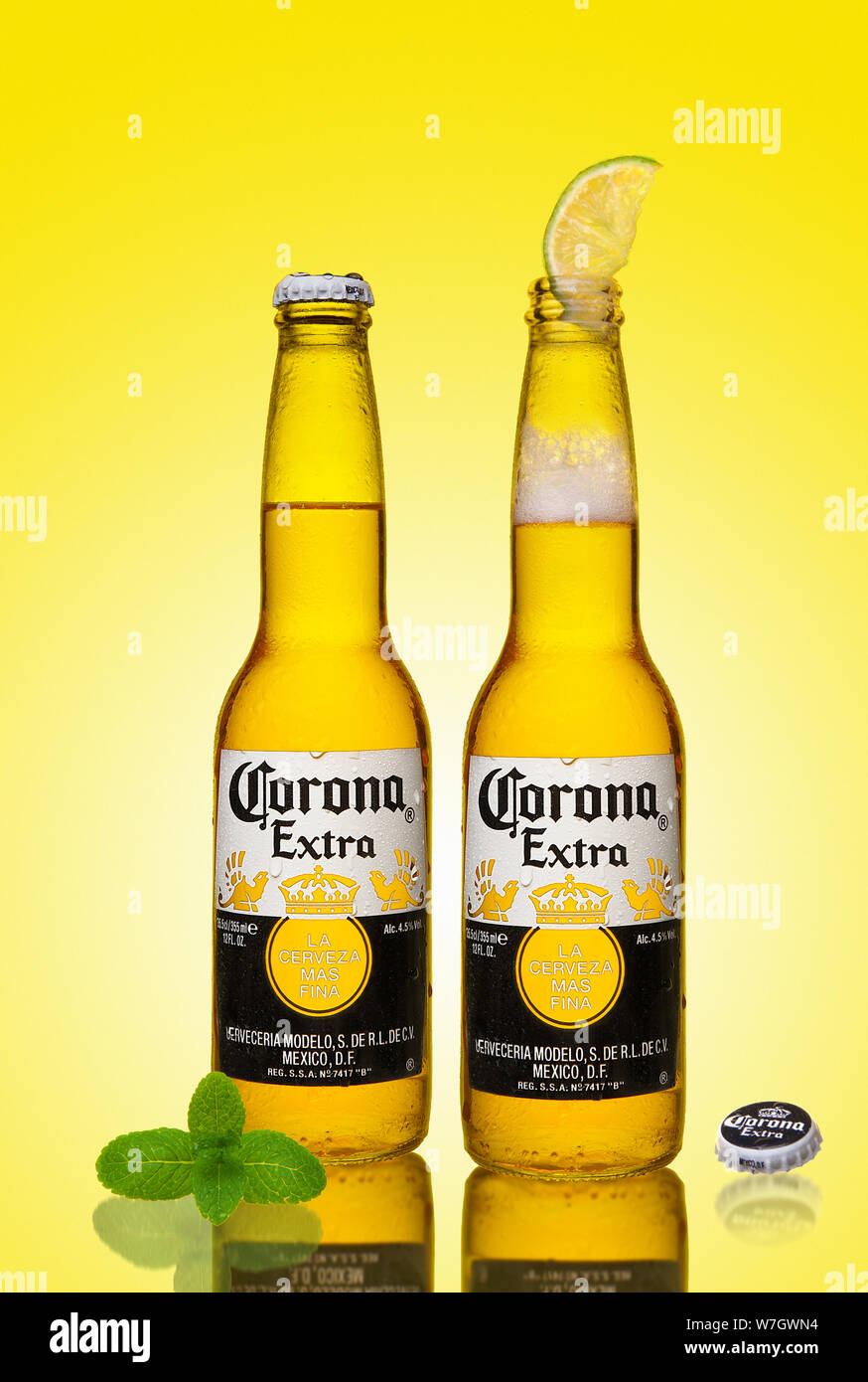 Los Angeles CA: Photo of a 12 ounce bottle of Corona Extra Beer. Water ...