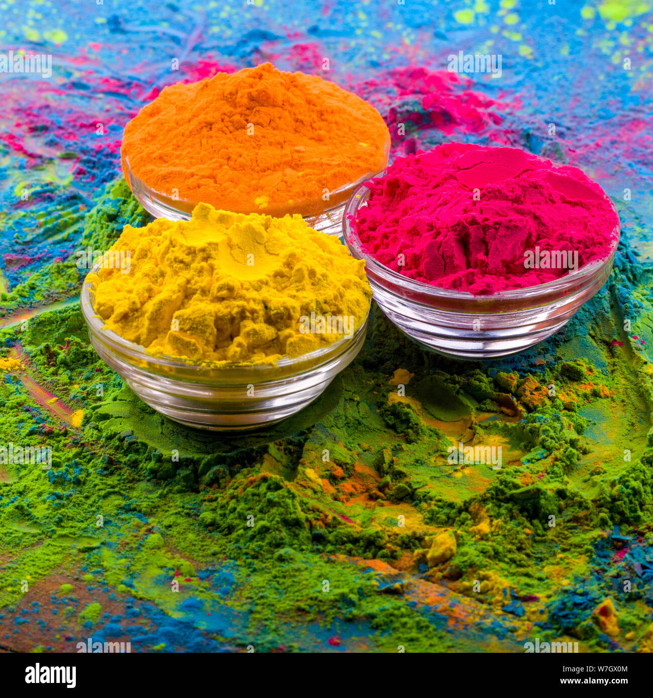 Holi color powder. Organic Gulal colours in bowl for Holi festival ...