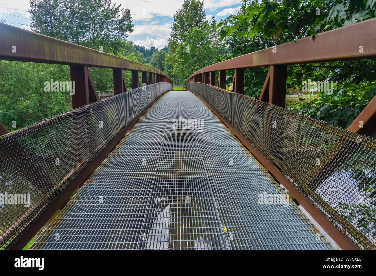 A metal grid covers a walking bridge that spans the Green River in Kent ...