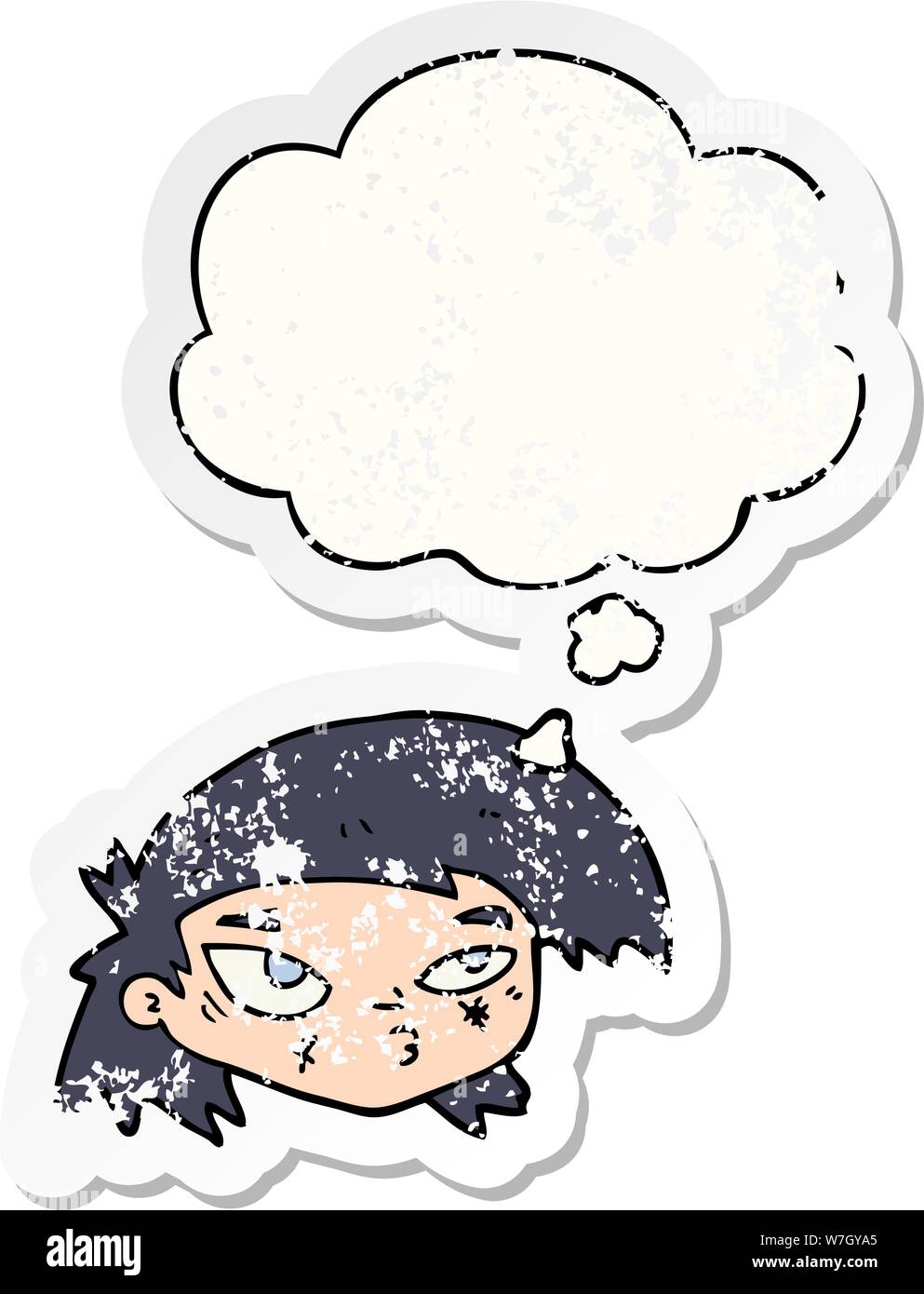 cartoon scratched up face with thought bubble as a distressed worn ...