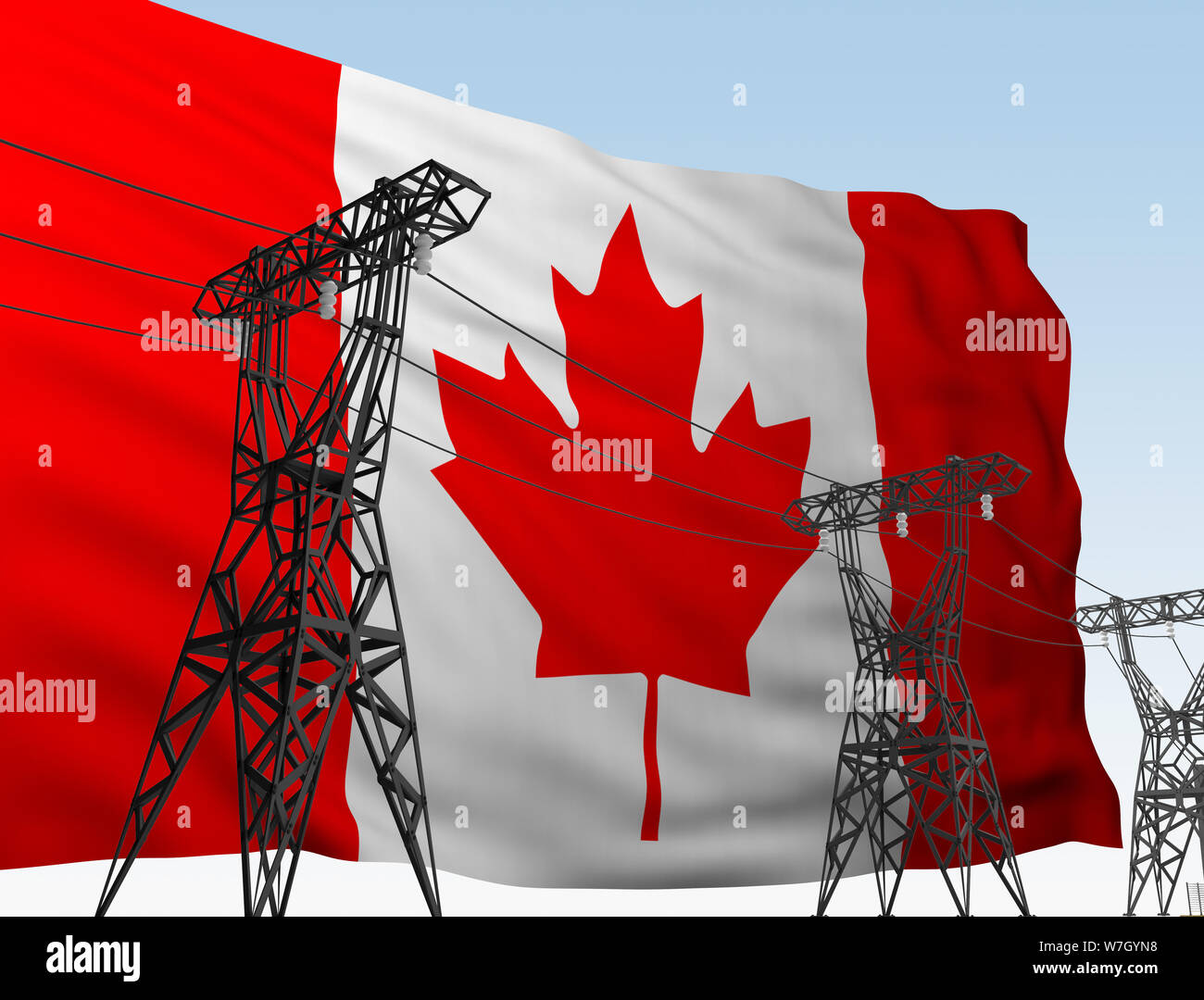 power lines against background flag of Canada. 3d rendering Stock Photo ...