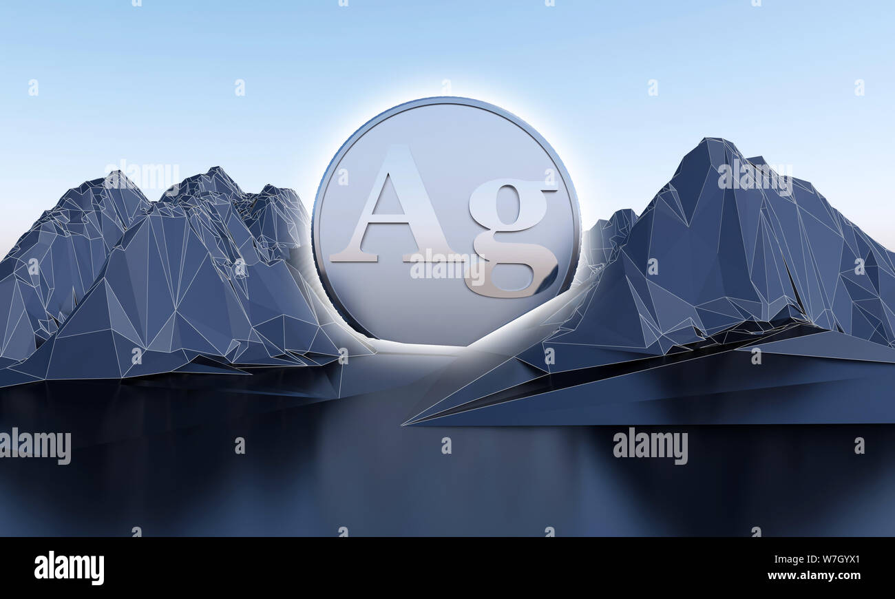 silver symbol in shape of coin in abstract mountains. 3d rendering ...